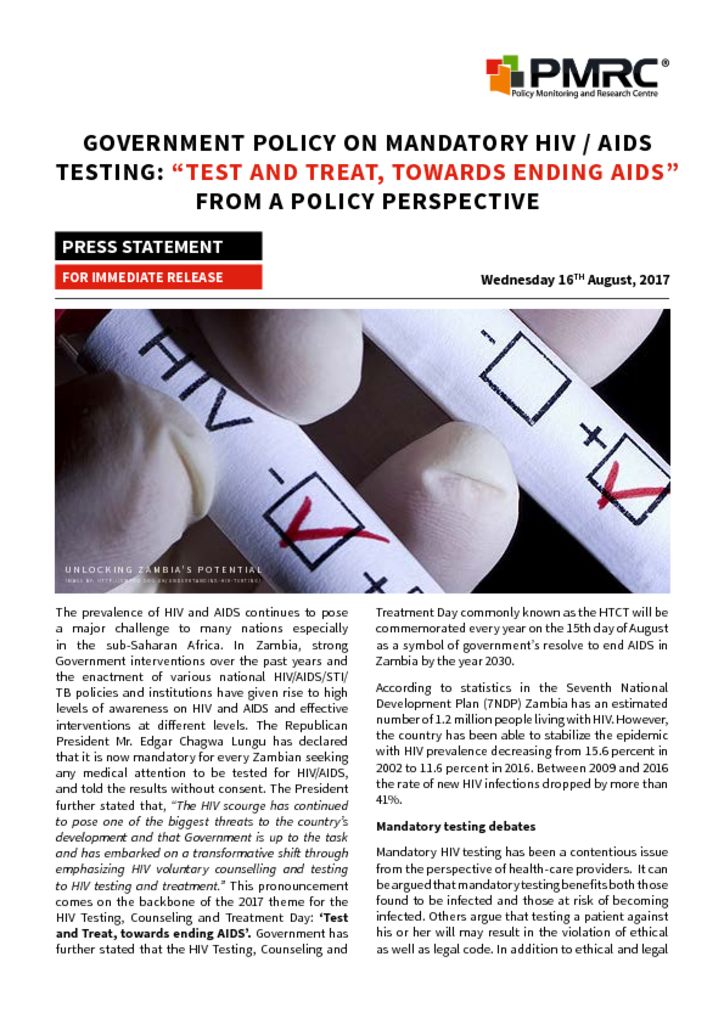 Press Statement – Government policy on Mandatory HIV : AIDS Testing ...